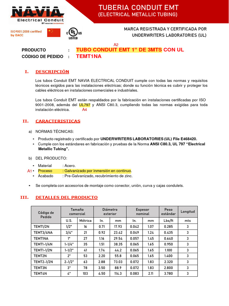 Ficha técnica tubo EMT 1 pulgada | PDF | Materiales de construcción | Rieles