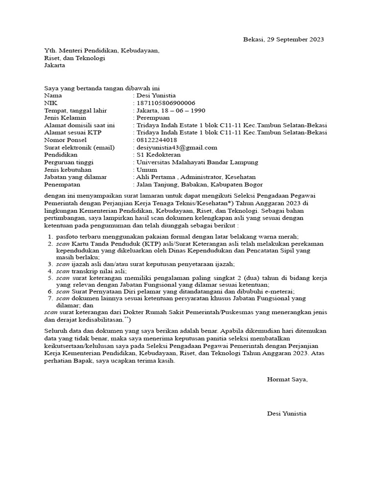 Edited Format Surat Lamaran PPPK 2023 | PDF