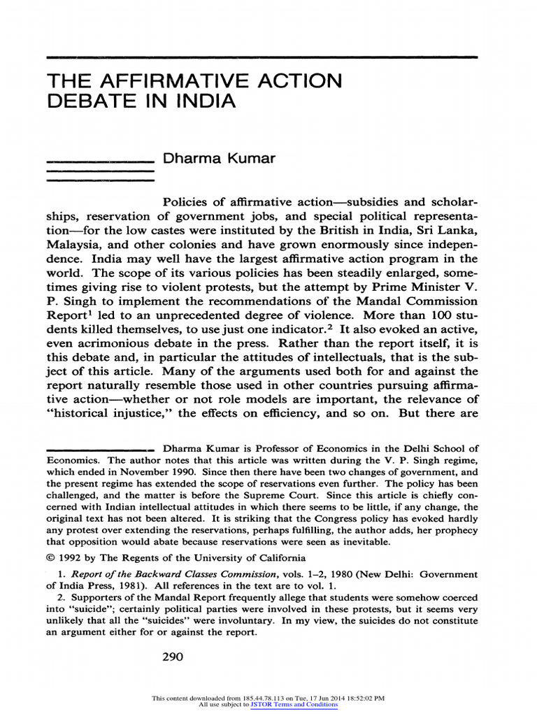 THE AFFIRMATIVE ACTION DEBATE IN INDIA | PDF | Government Of India ...