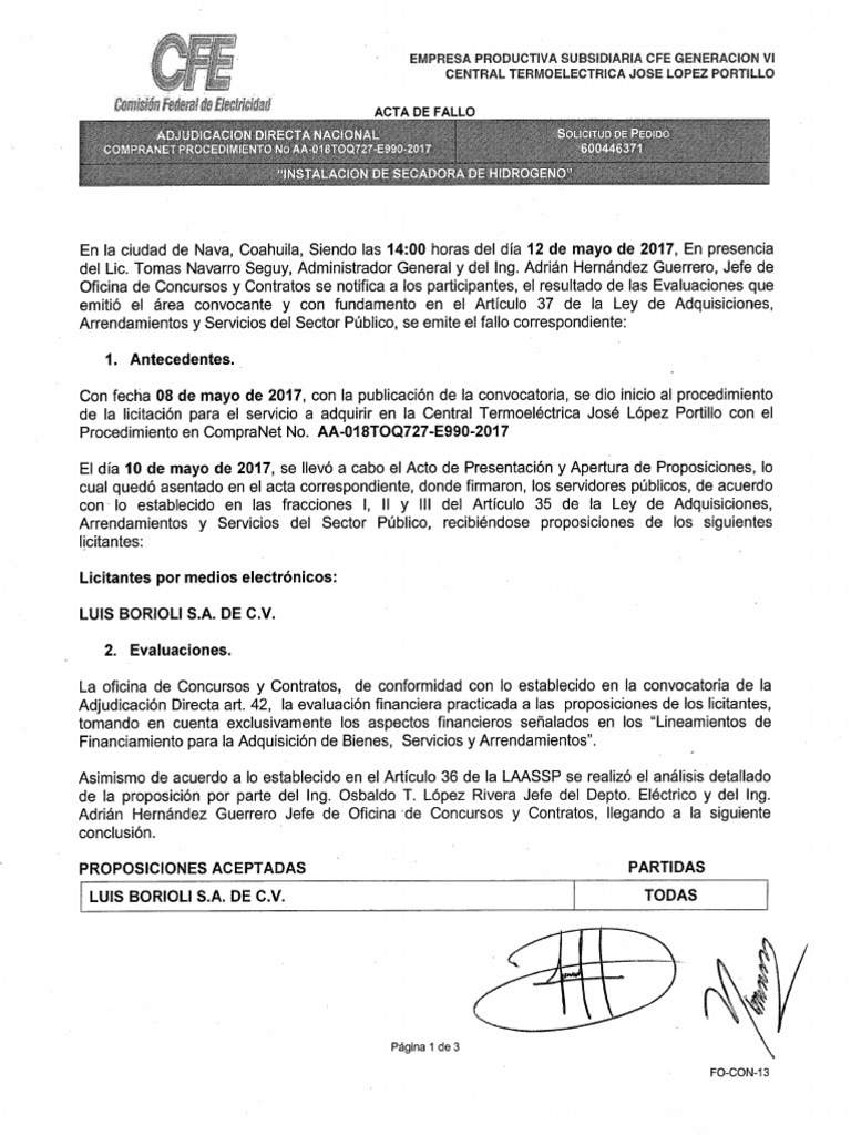 Acta de Fallo Instalacion de Secadora de Hidrogeno | PDF