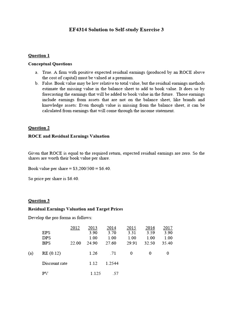 Solution To Self-Study Exercise 3 | PDF | Book Value | Valuation (Finance)