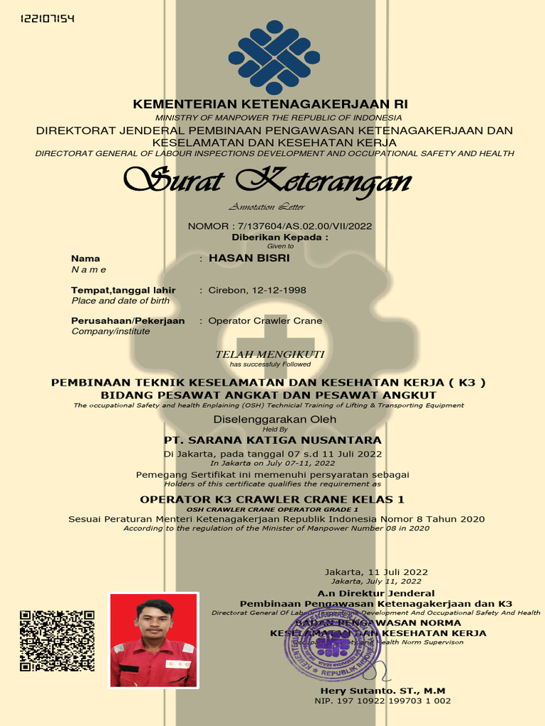Sertfikat Crawler Crane Hasan | PDF
