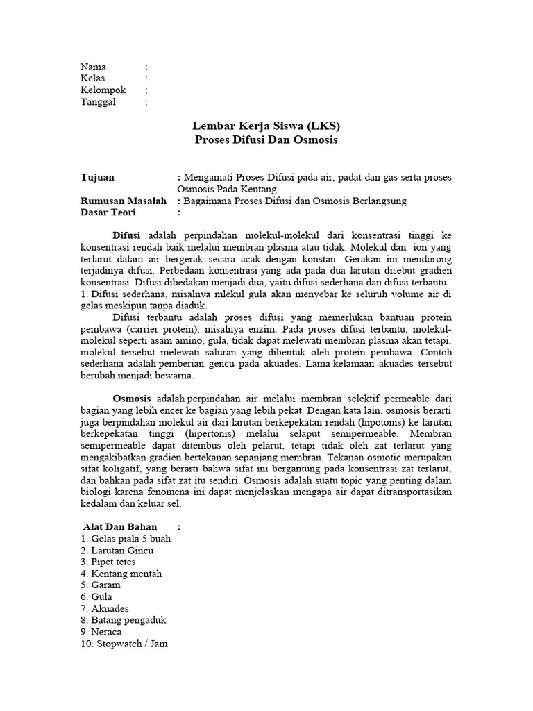 Lembar Kerja Siswa Kelas XI Proses Difusi Dan Osmosis | PDF | Sains ...