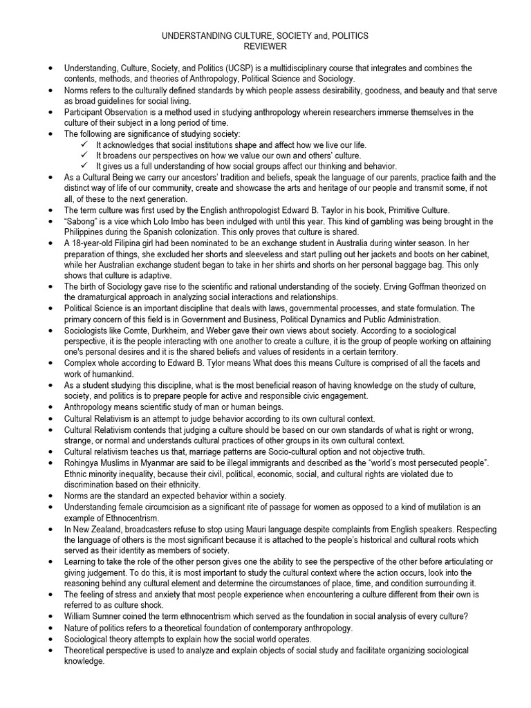 Ucsp Reviewer 1ST Quarter | PDF | Sociology | Deviance (Sociology)