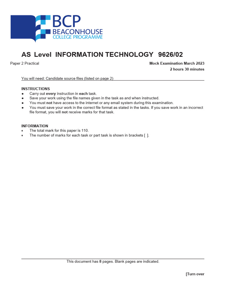 AS IT 9626 - Mock 2023 - QP - 02 | PDF | Spreadsheet | Video