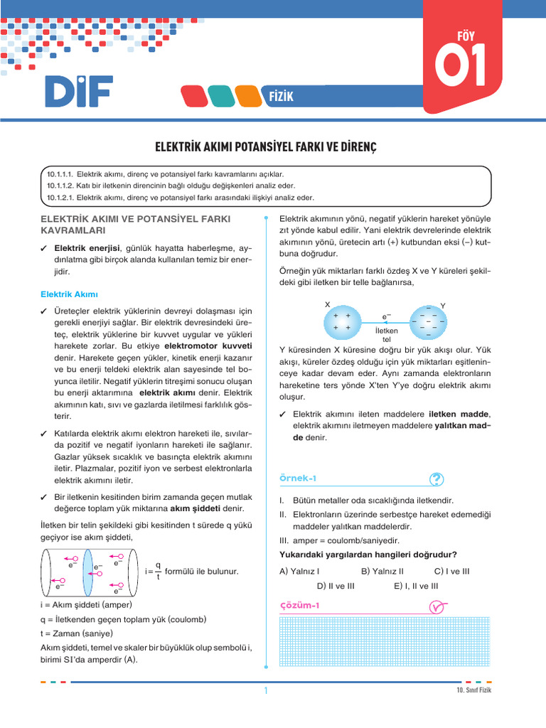 10.sınıf Fi̇zi̇k - Di̇f - Föy 1 - Ornek | PDF