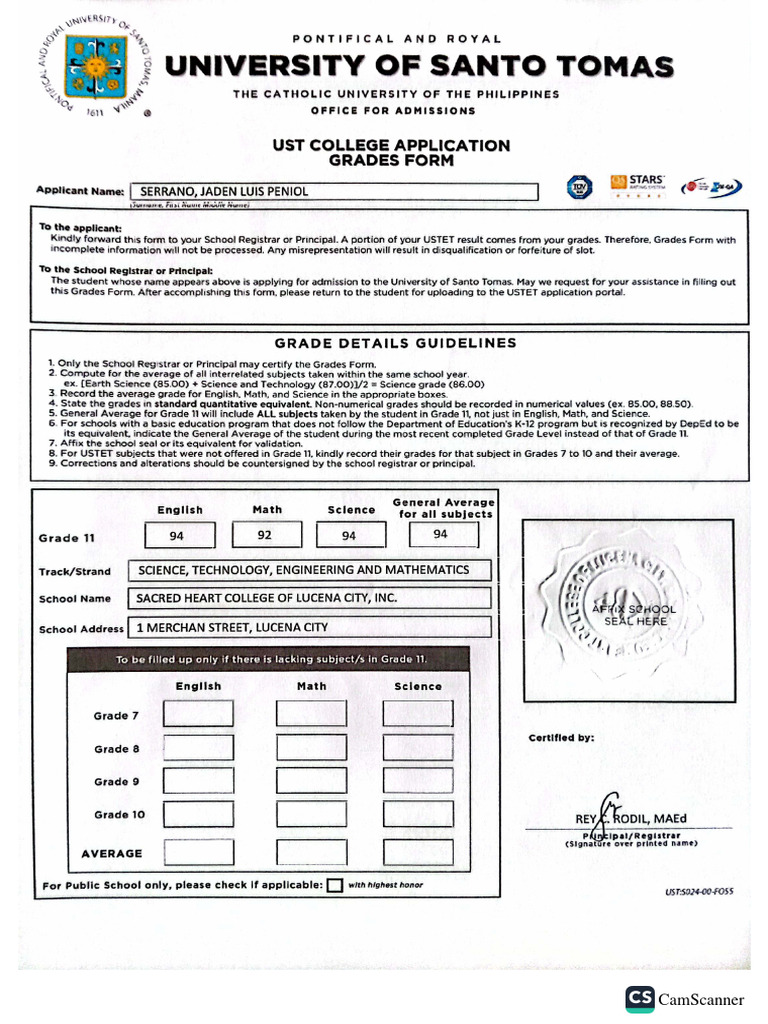 Ustet Application Grades Form | PDF