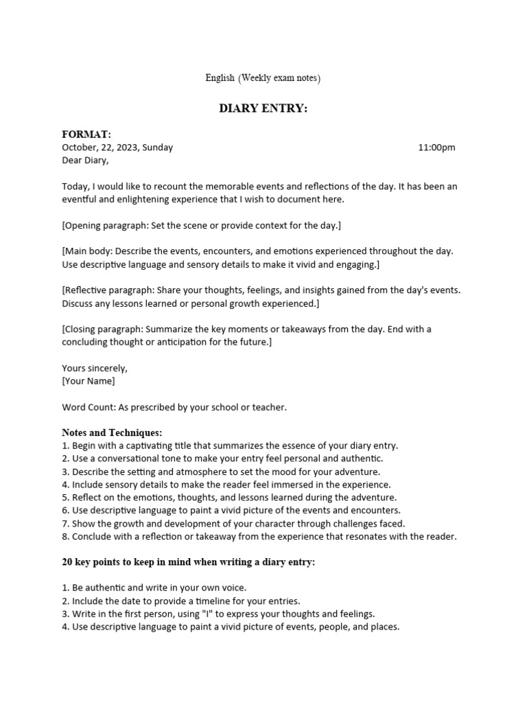 English Diary Entry Techniques | PDF | Experience | Thought