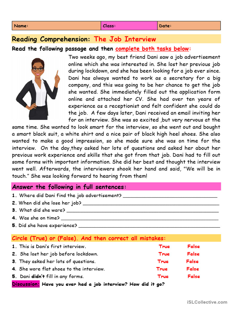 Reading Comprehension - A Job Interview | PDF | Job Interview