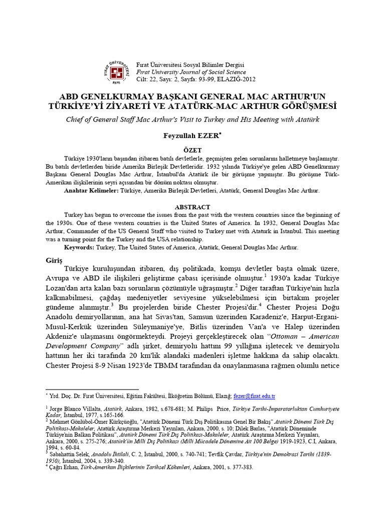 Abd Genelkurmay Ba Kani General Mac Arthur'Un T RK Ye y Z Yaret Ve Atat Rk-Mac Arthur G R Mes ...