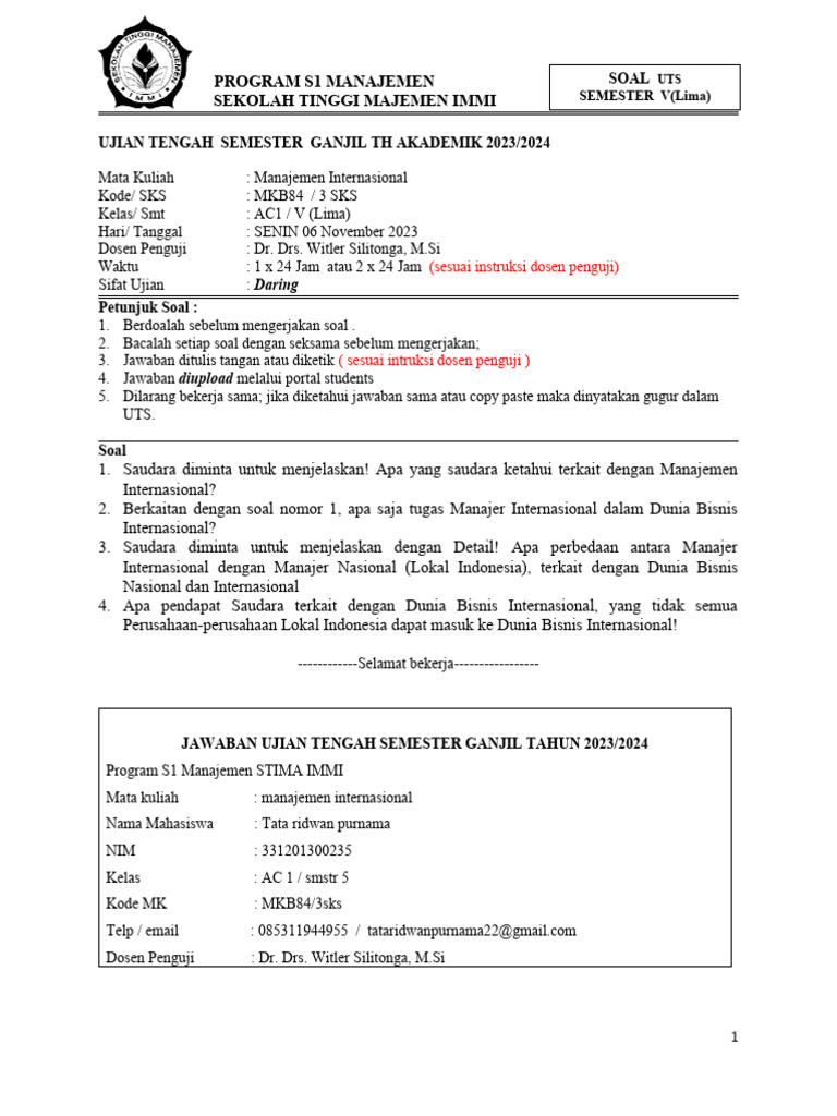 Soal Uts S1 Ganjil 2023-2024 Ac1 | PDF | Karier & Perkembangan