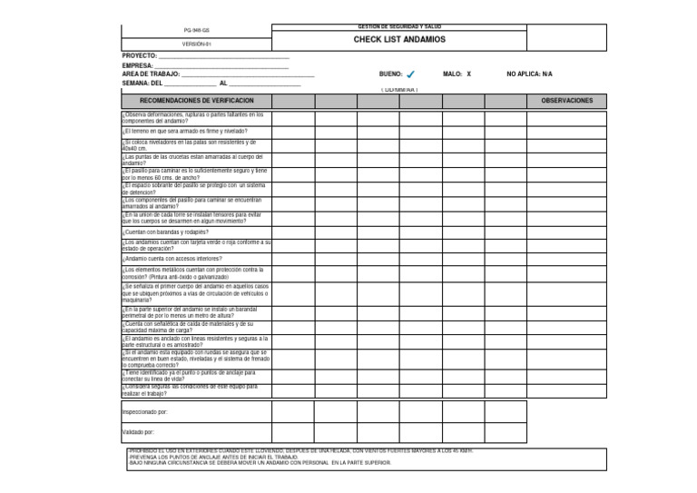 Checklist de Seguridad para Andamios | PDF | Andamio