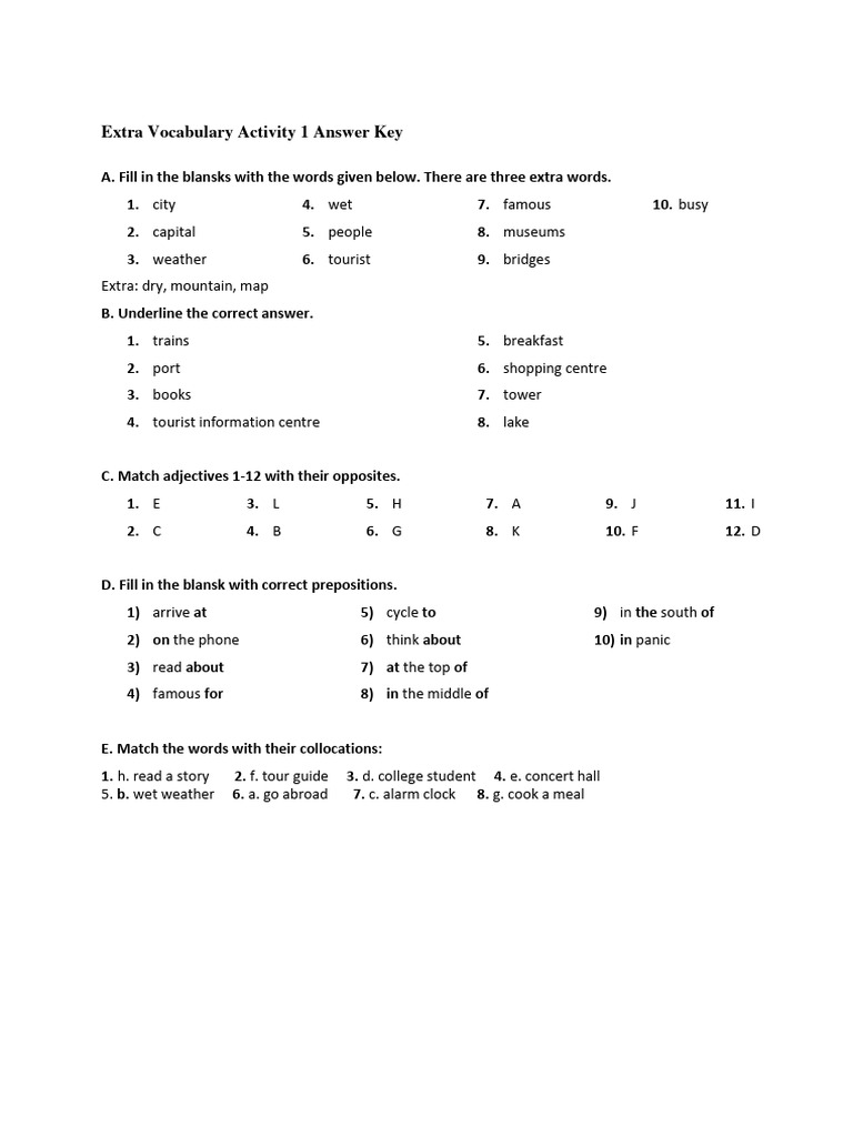 A2+ 2023-2024 Fall Extra Vocabulary Activities - Answer Key | PDF ...