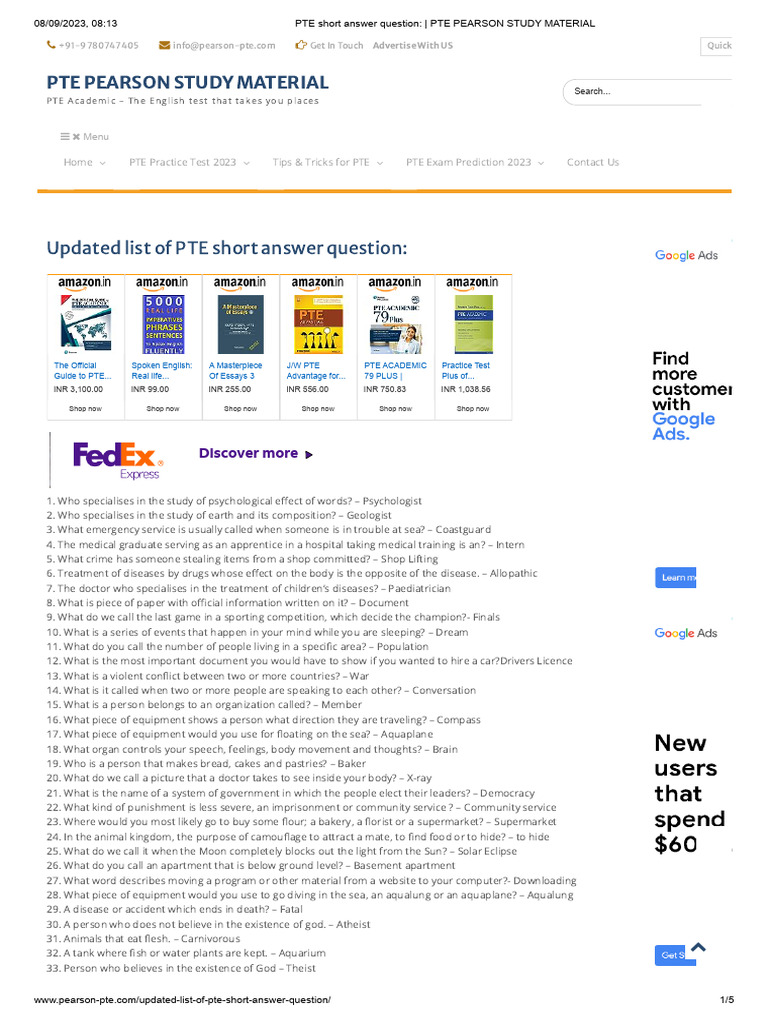 PTE Short Answer Questions Guide | PDF