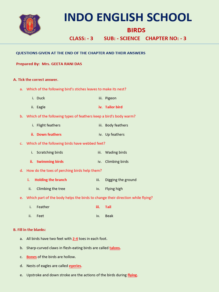 CLASS 3 SCIENCE CHAPTER 3 BIRDS Mrs. Geetarani Das | PDF | Birds | Feather