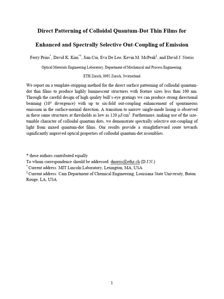 Direct Patterning of Colloidal Quantum-Dot Thin Films For Enhanced and ... Direct Patterning of Colloidal Quantum-Dot Thin Films For Enhanced and ...