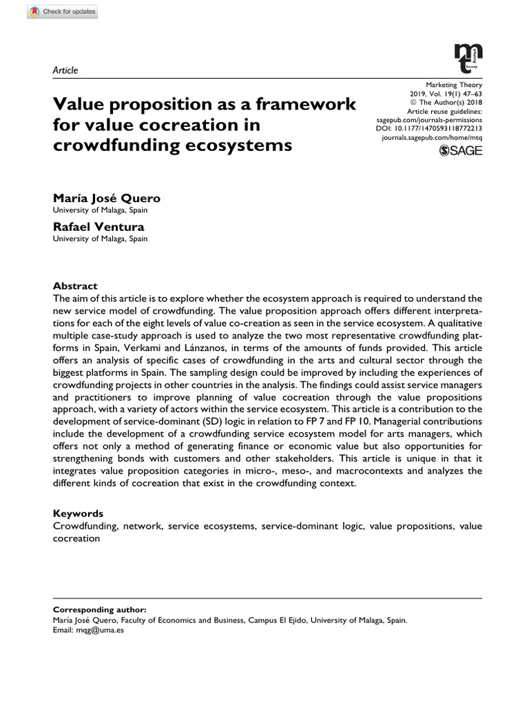 Value Proposition As A Framework For Value Cocreation in Crowdfunding Ecosystems | PDF ...