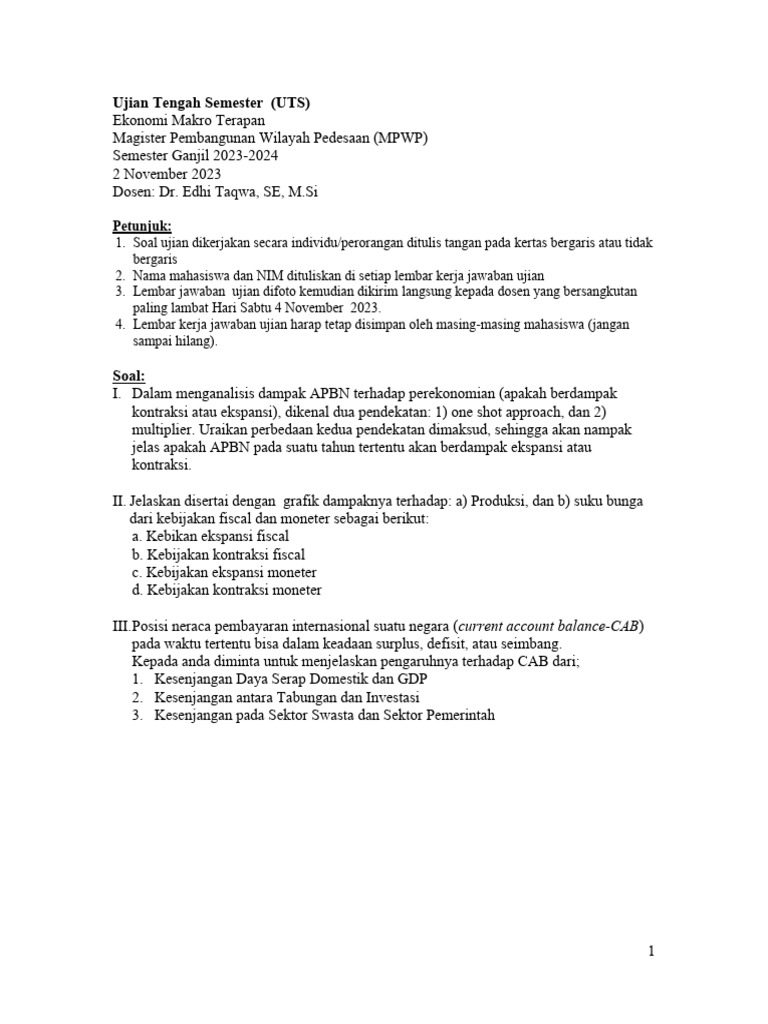 UTS Ekonomi Makro Terapan, MPWP, November 2023 | PDF