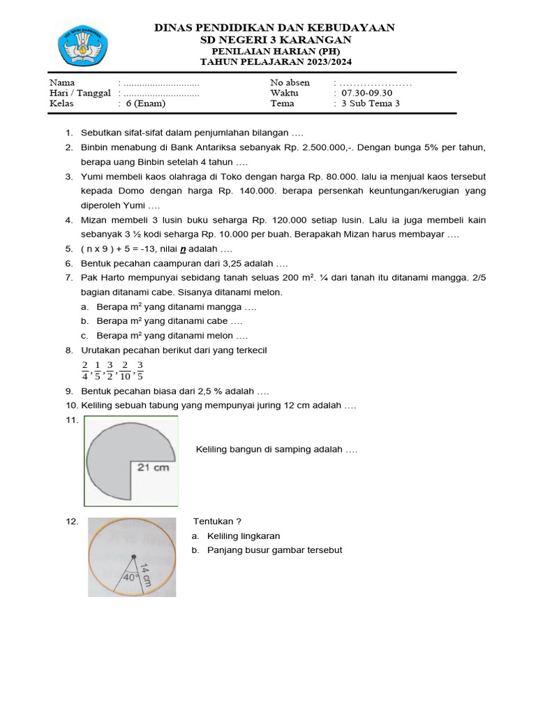 Soal Latihan Matik Kelas 6 | PDF
