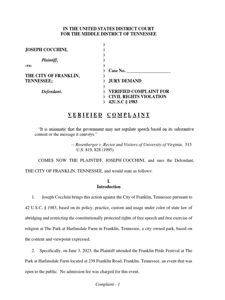 Cocchini V City of Franklin (2023) | PDF | Fourteenth Amendment To The ...