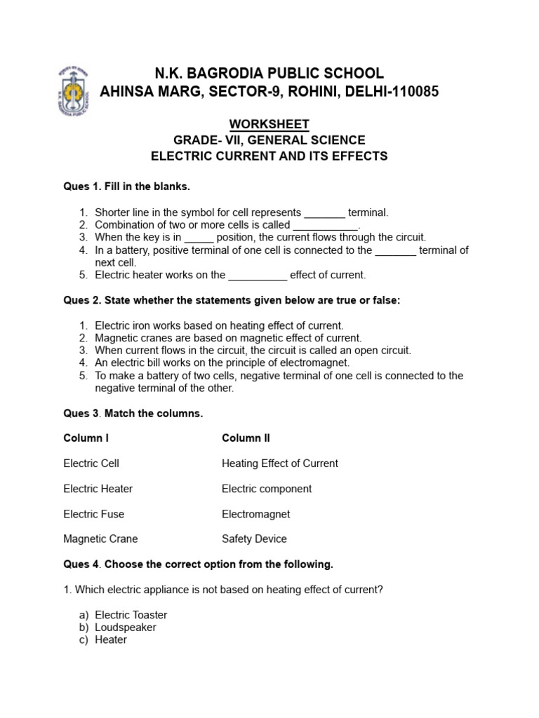 Class 7 Worksheet: Electric Current Effects | PDF | Science & Mathematics