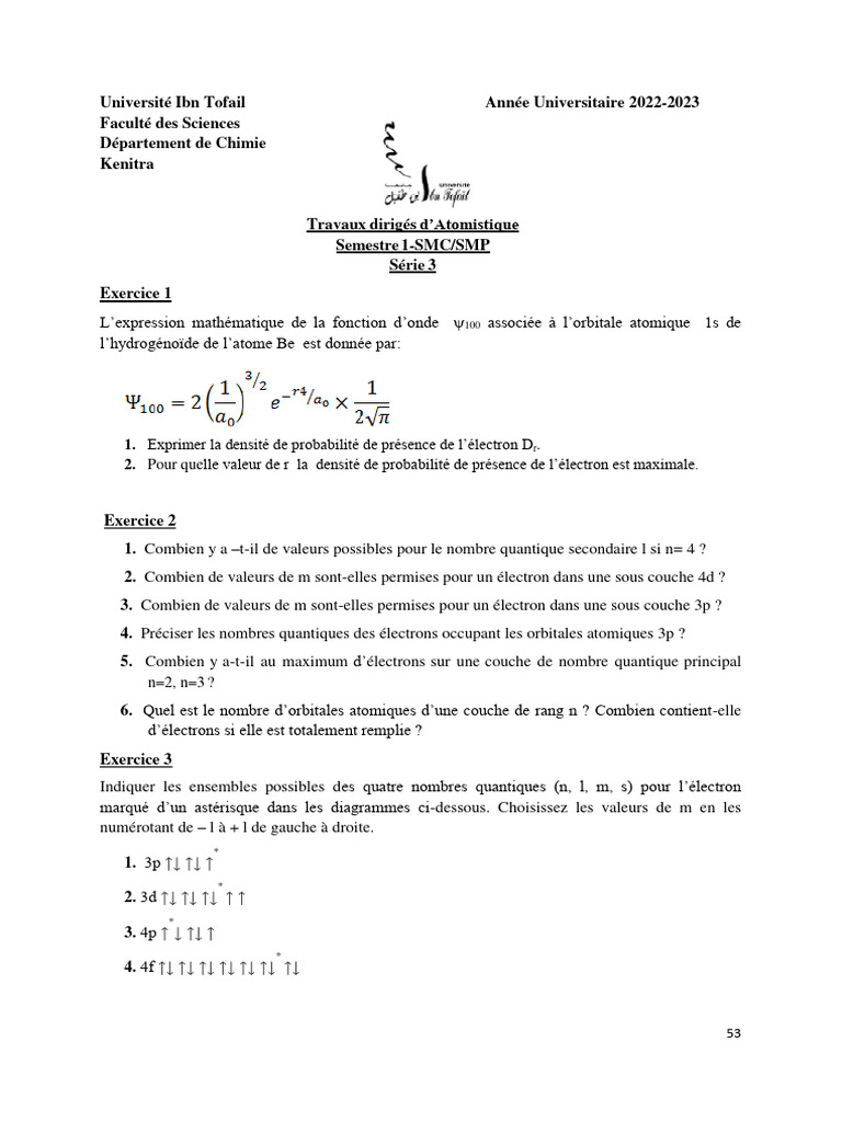 Exercices d'Atomistique Corrigés 2023 | PDF | Configuration ...