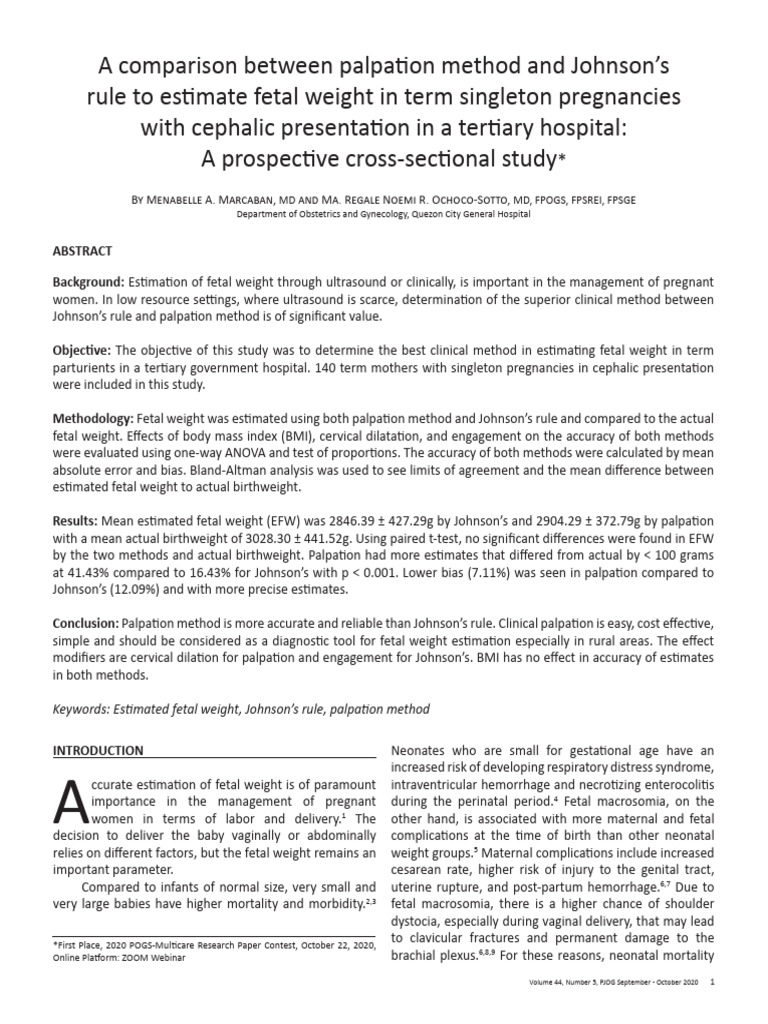 A Comparison Between Palpation Method And Johnsons Rule To Estimate Fetal Weight Pdf 