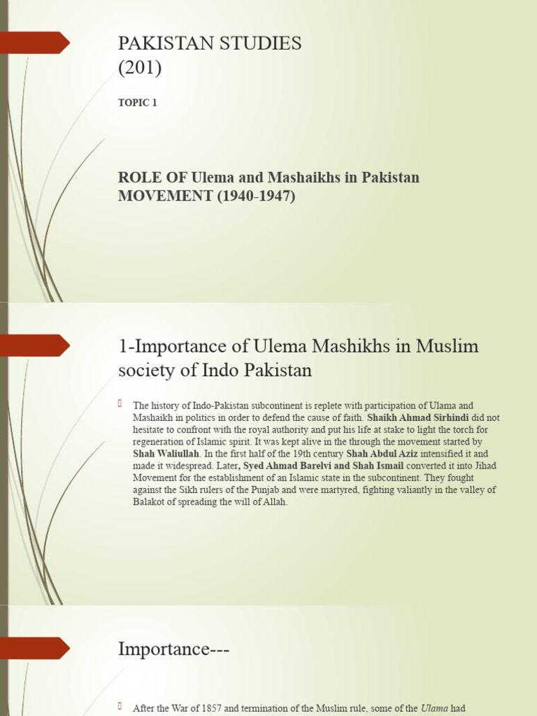 Role of Ulema and Mashiaks (Autosaved | PDF | Pakistan Movement | All India Muslim League
