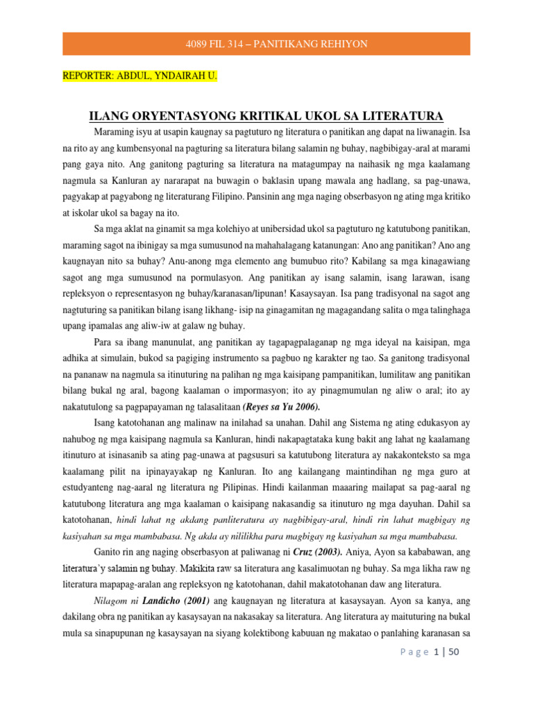 Panitikang Rehiyon (Introduksyon, Rehiyon I-IV | PDF