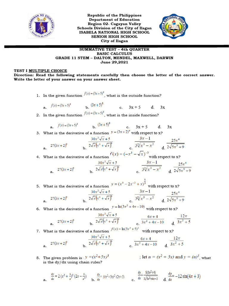SUMMATIVE TEST BASIC CALCULUS 4th Q | PDF | Function (Mathematics ...
