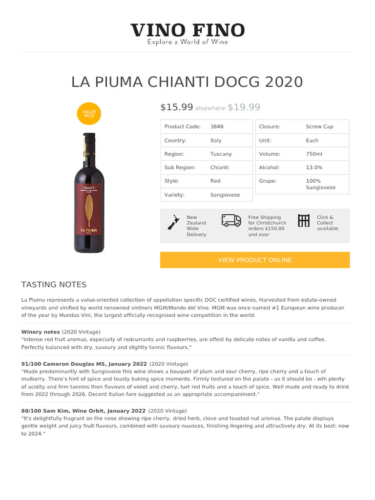 Vino Fino LA PIUMA CHIANTI DOCG 2020 | PDF | Wine | Fermented Drinks