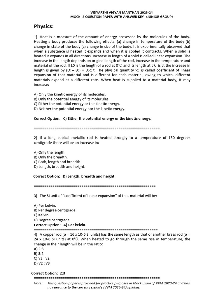 VVM 2023-24 Mock Test Paper with Answers | PDF | Friction | Thermal ...