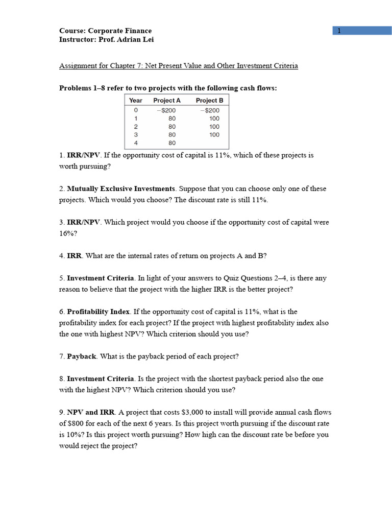 (10.19) Problems Chapter NPV | PDF | Net Present Value | Internal Rate Of Return