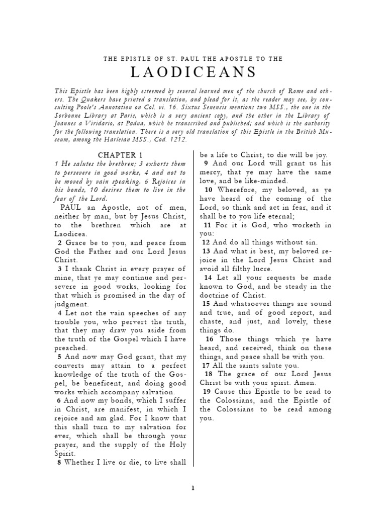 The Epistle of St. Paul The Apostle To The Laodiceans | PDF | Jesus ...
