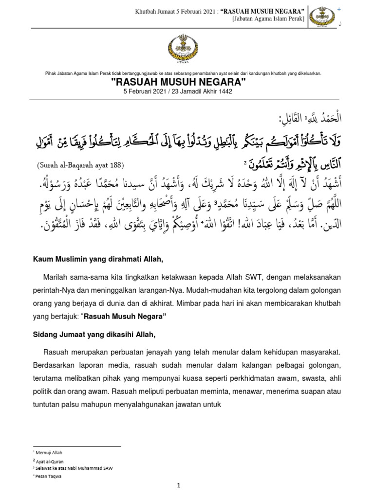 Khutbah Jumaat 5 Februari 2021 - Rasuah Musuh Negara - RUMI | PDF