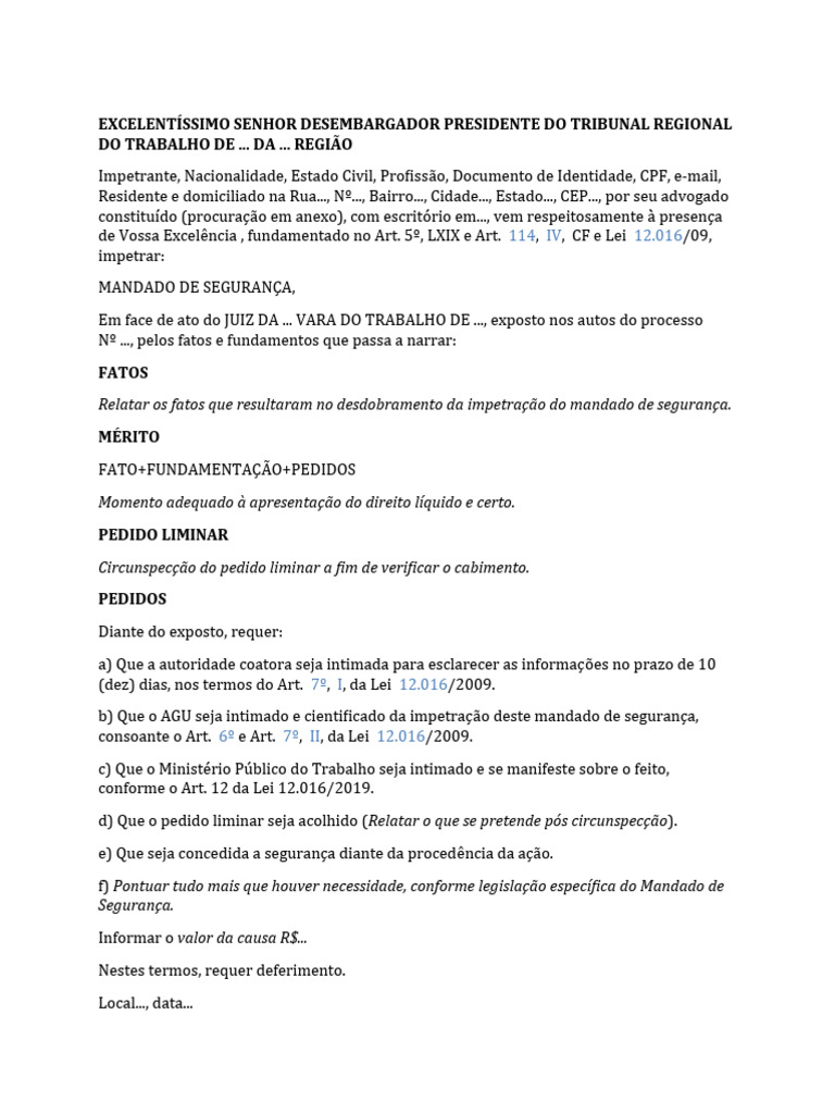 Modelo de Mandado de Seguranca Trabalhista | PDF