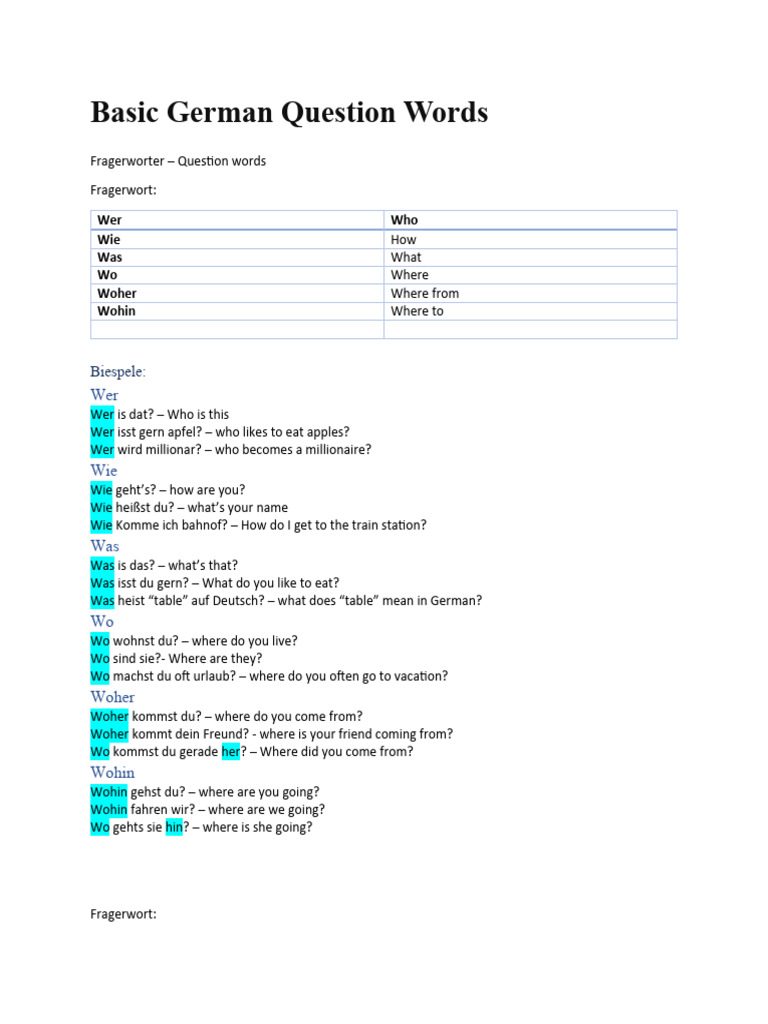 De Basic German Question Words | PDF