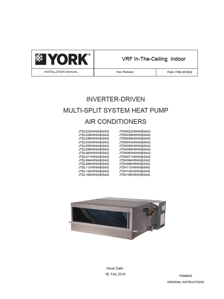 YORK VRF IDU Ceiling Duct - JTD (L, M, H) (022-160) - Installation ...