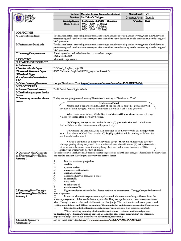 EN6VC IIIa 6.2 - 2023 2024 | PDF | Idiom | Learning