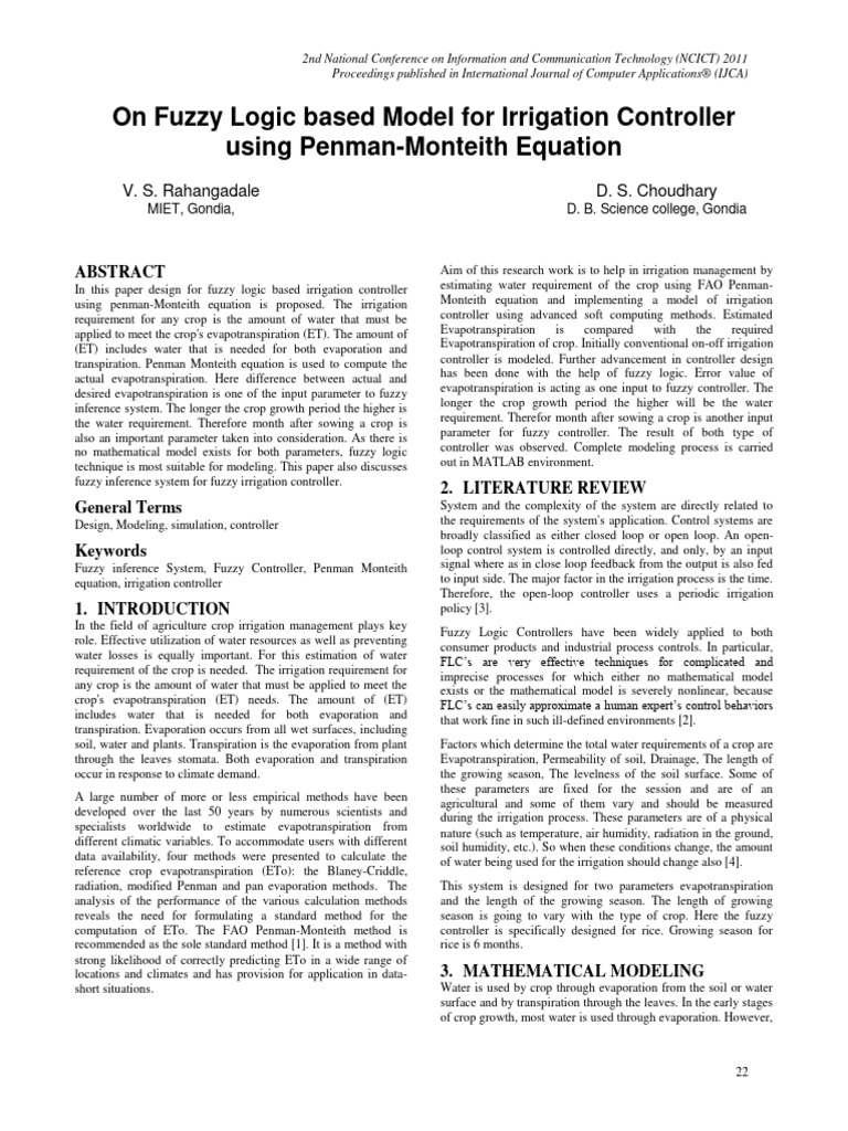 On Fuzzy Logic Based Model for Irrigation Controller Using | PDF ...