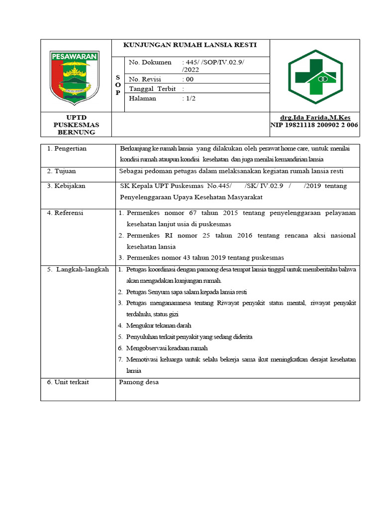Sop Kunjungan Lansia Resti | PDF | Pengembangan Diri | Kesehatan Holistik