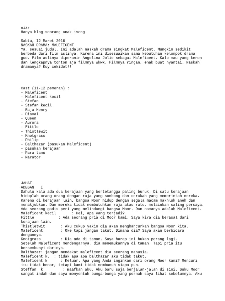 Maleficent Naskah Drama Indo | PDF | Fiksi Misteri, Thriller, & Kejahatan | Dewasa Muda