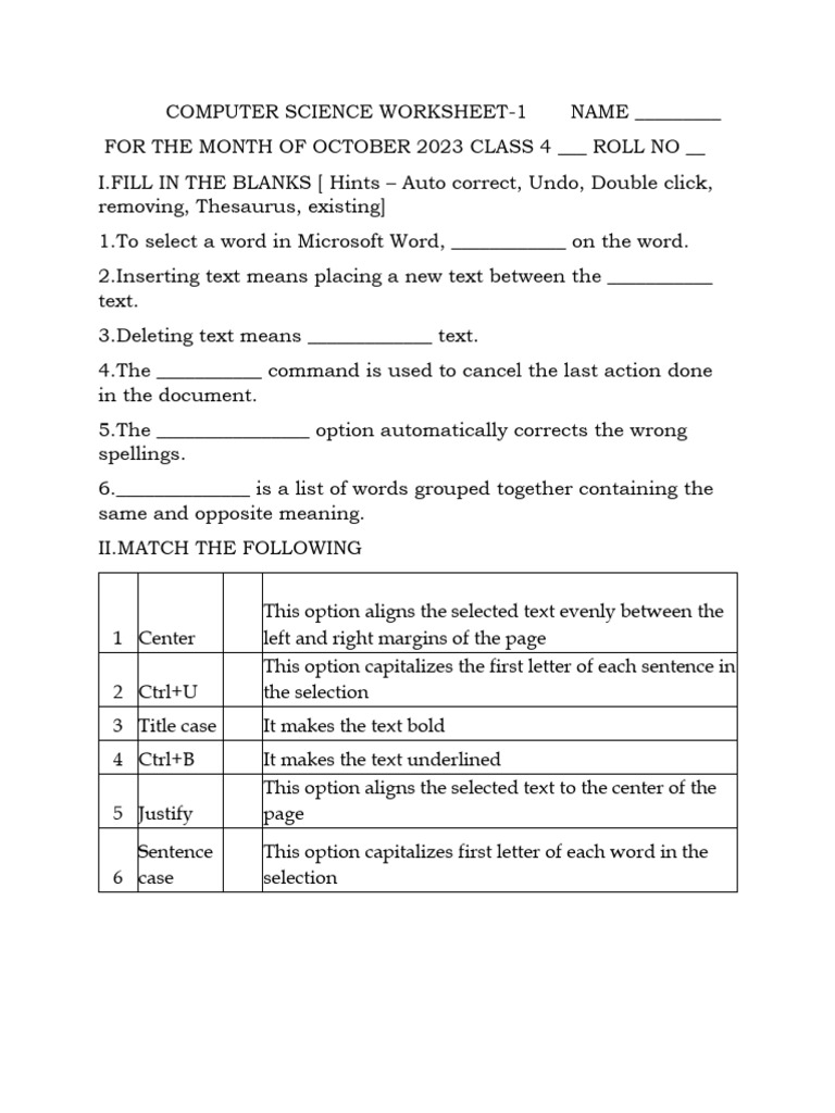 Computer Science Worksheet-1 Name - For The Month | PDF