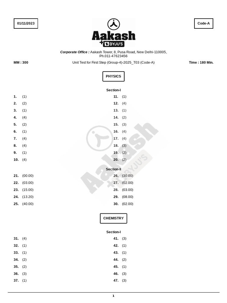 UT - 03 - G4 - 09-11-23 - Answer Key | PDF | Chemistry