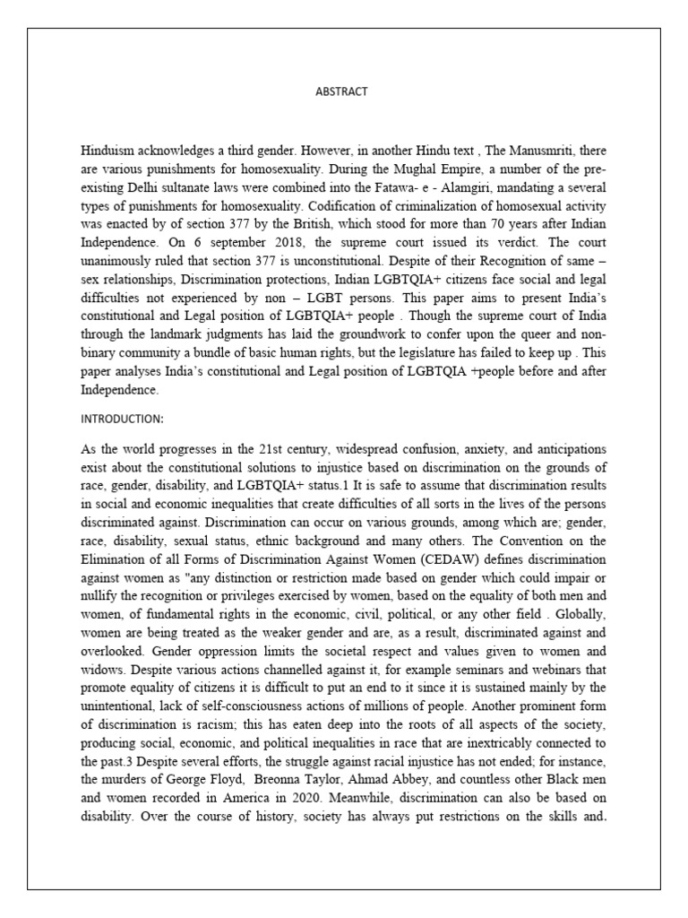 Research Paper - India's Constitutional and Legal Position of Lgbtqia+ ...