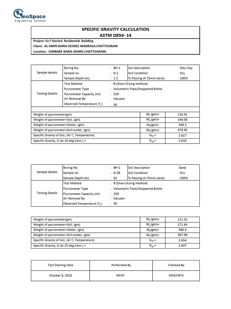 Specific Gravity Calculation ASTM D854-14 | PDF | Soil Science | Earth ...