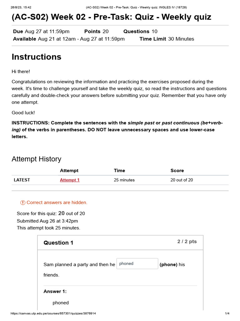 (AC-S02) Week 02 - Pre-Task - Quiz - Weekly Quiz - INGLES IV (18728 ...