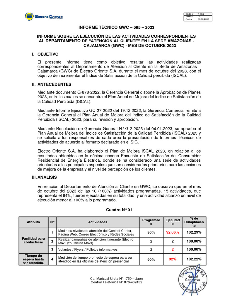 Informe Atención Al Cliente GWC - OCTUBRE | PDF | Servicio al Cliente