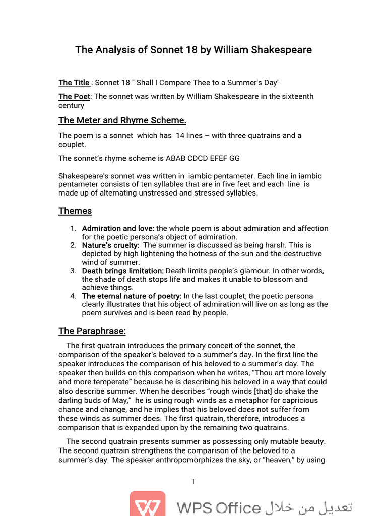 The Analysis of Sonnet 18 by William Shakespeare | PDF | Poetry | Sonnets