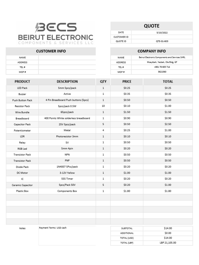 Quote #1603 - Electronics Starter Kit | PDF | Equipment | Electrical ...